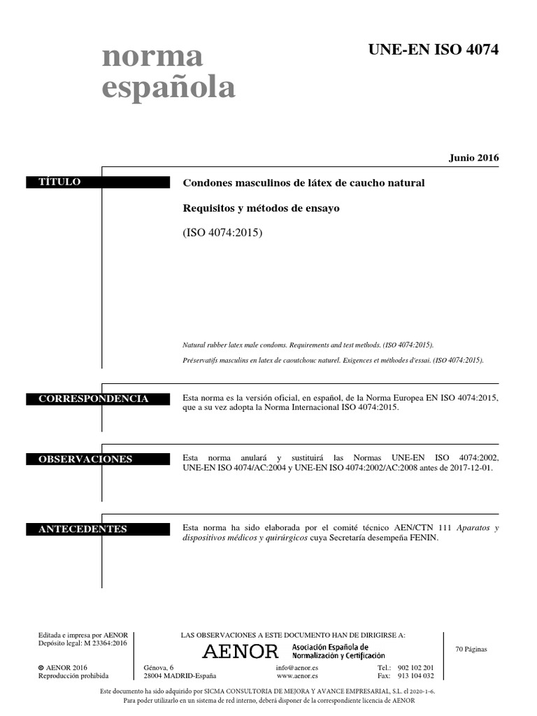 Norma UNE-EN ISO 4074:2016 Condones | PDF | Condón | Organización ...