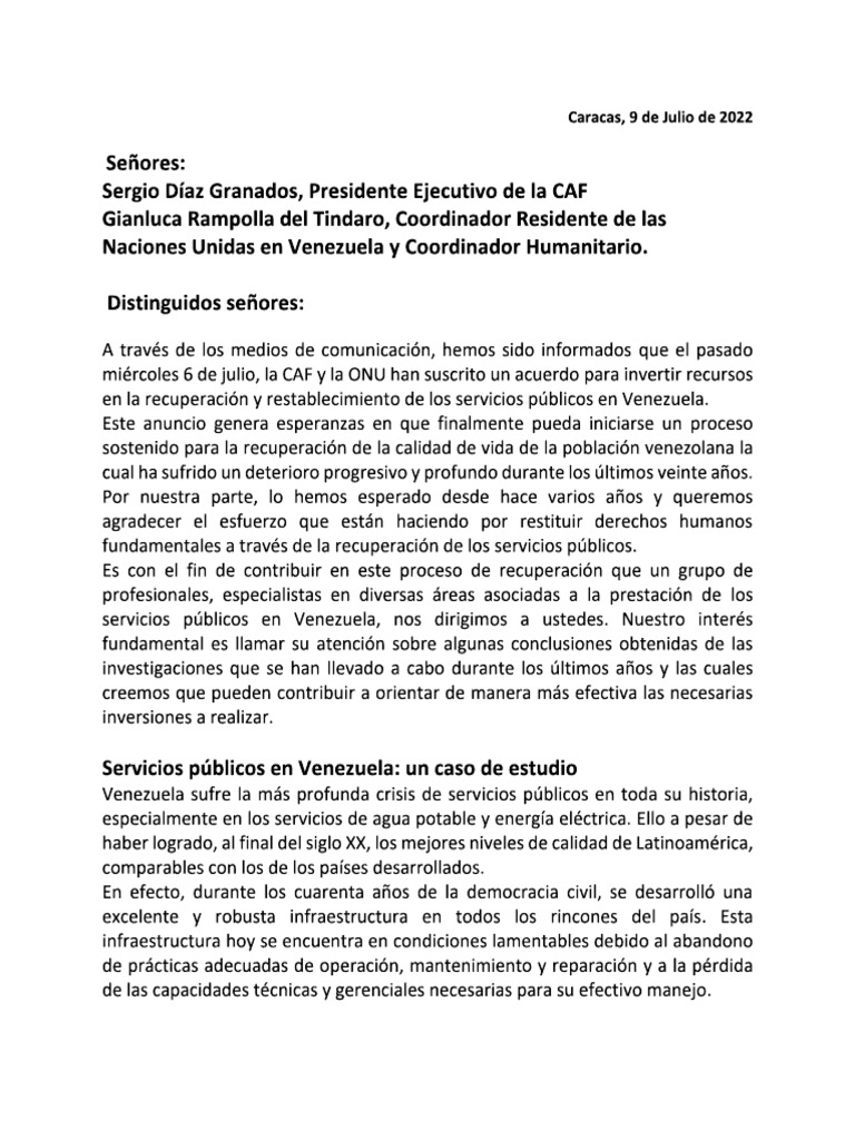 Carta CAF - OnU Servicios Publicos Venezuela | PDF