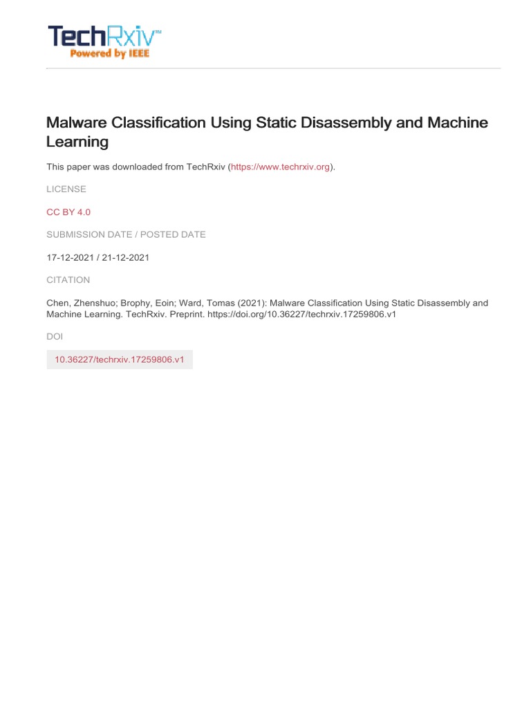 Malware Classification Using Static Disassembly and Machine Learning | PDF | Assembly Language ...