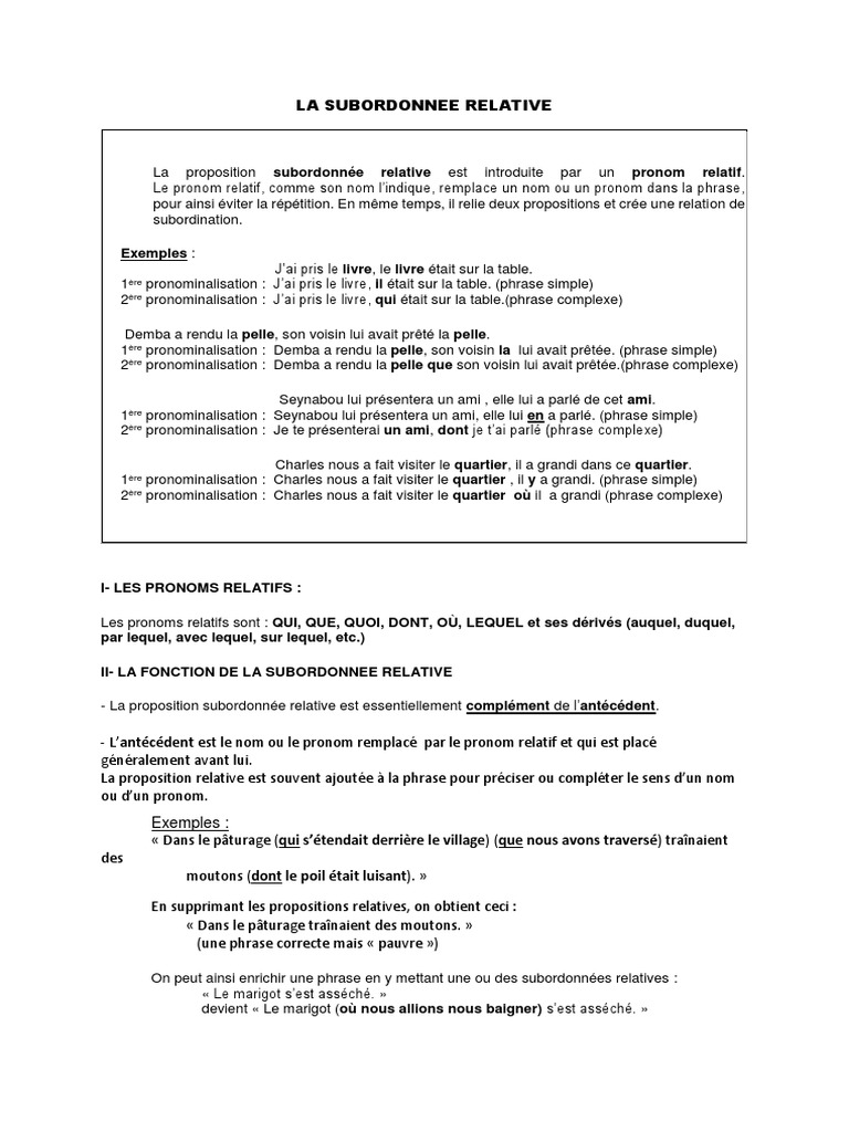 La Subordonnee Relative | PDF | Clause | Pronom
