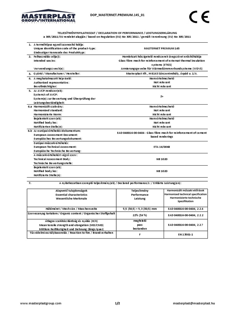 Masternet - Premium.145 Dry Vit Háló | PDF