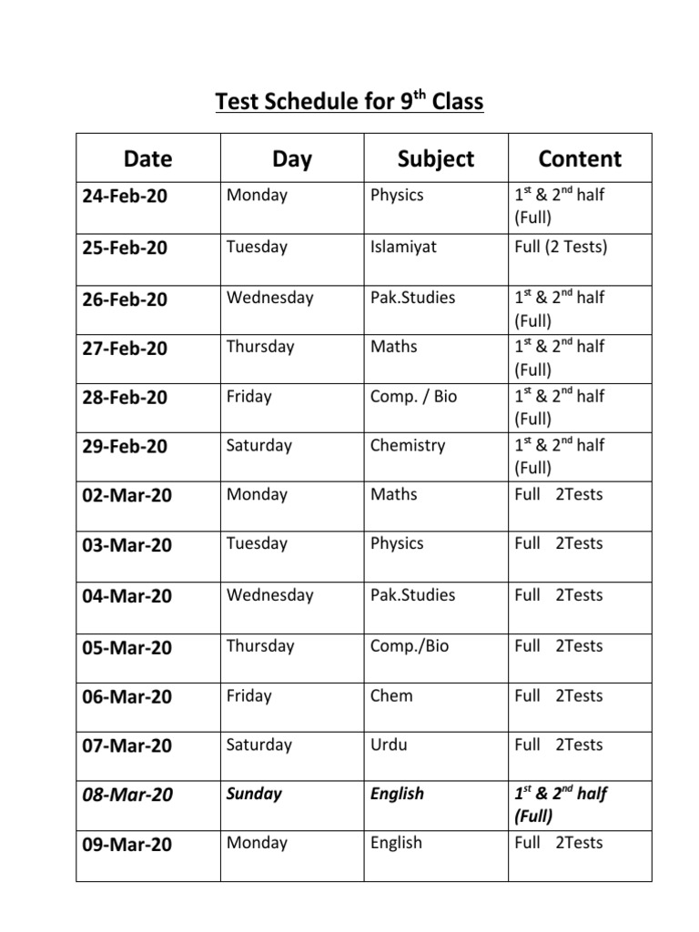 Test Schedule For 9 Class Date Day Subject Content | PDF