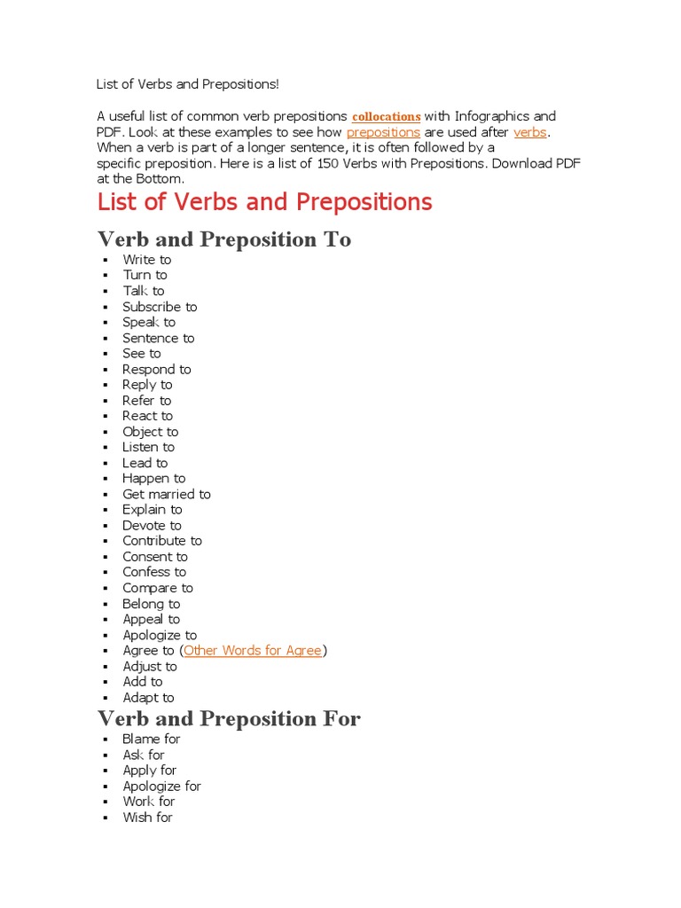 List of Verbs and Prepositions | PDF | Verb | Preposition And Postposition