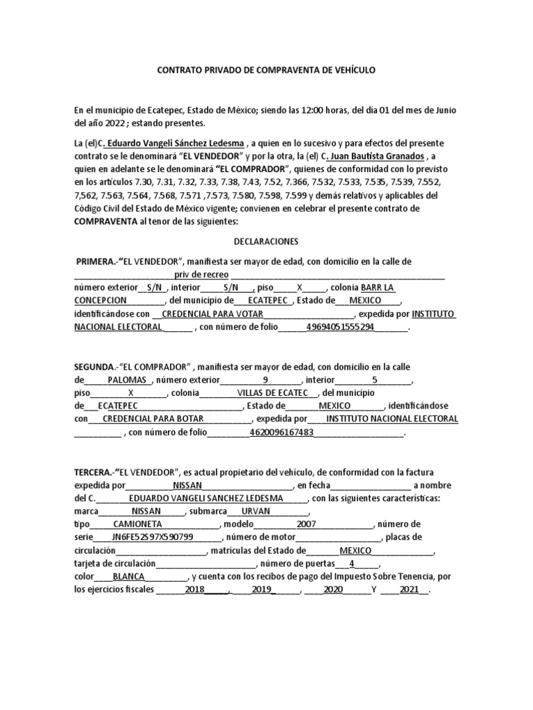 Contrato Privado de Compraventa de Vehículo Urvan | Descargar gratis PDF | Derecho privado ...