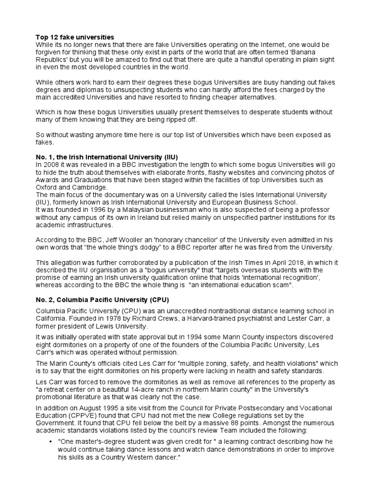 Top 12 Fake Universities | PDF