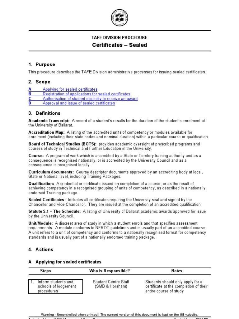 Certificates - Sealed: 1. Purpose | PDF | Further Education | Business