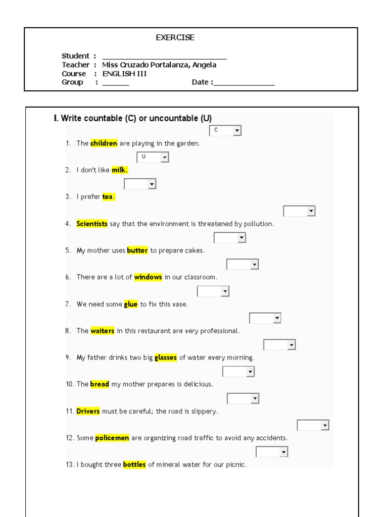 English Countable vs. Uncountable Exercise | PDF | Linguistics ...