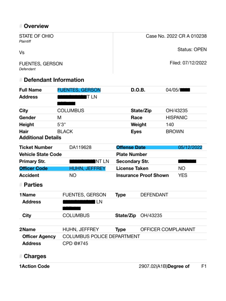 OH V Fuentes Case No. 2022 CR A 010238-Docket Report | PDF | Bail | Arrest