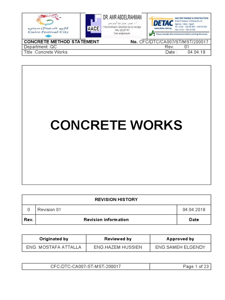 Concrete Works: Concrete Method Statement No. Cfc/Dtc/Ca007/St/Mst ...