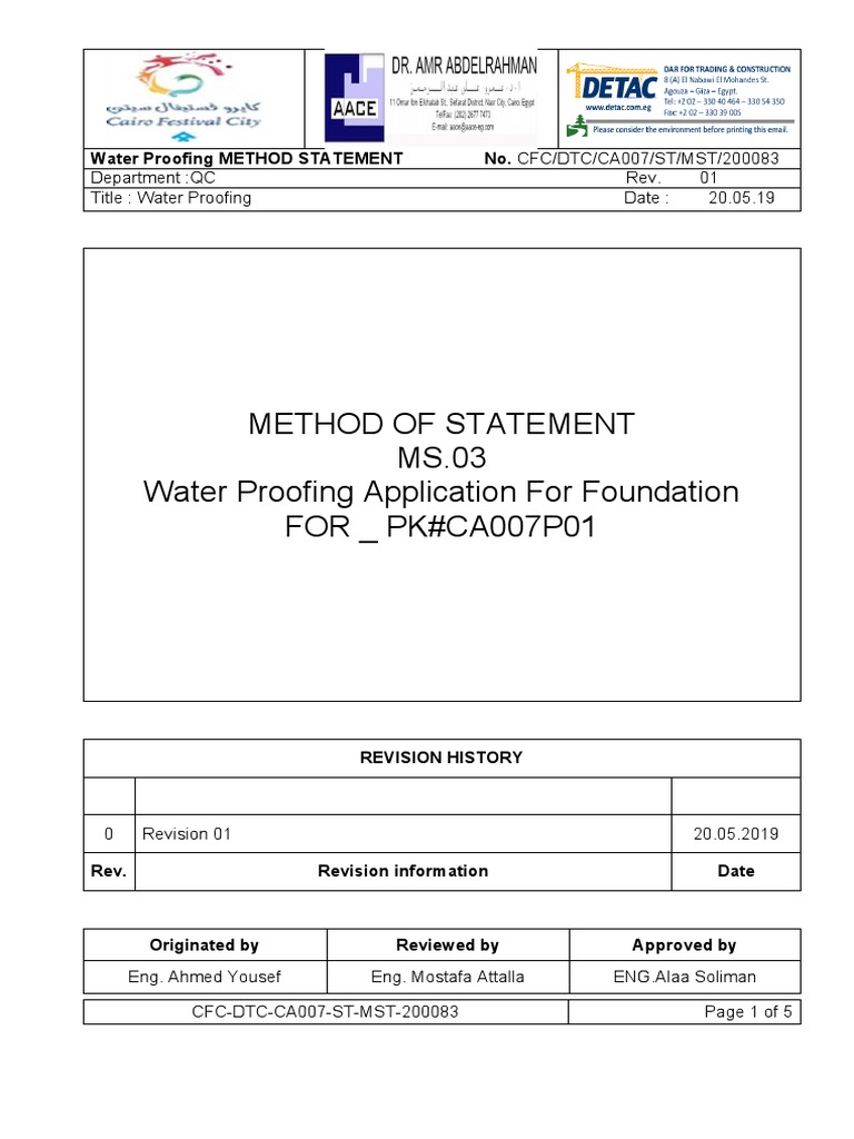 Foundation Waterproofing Method Statement | PDF | Safety