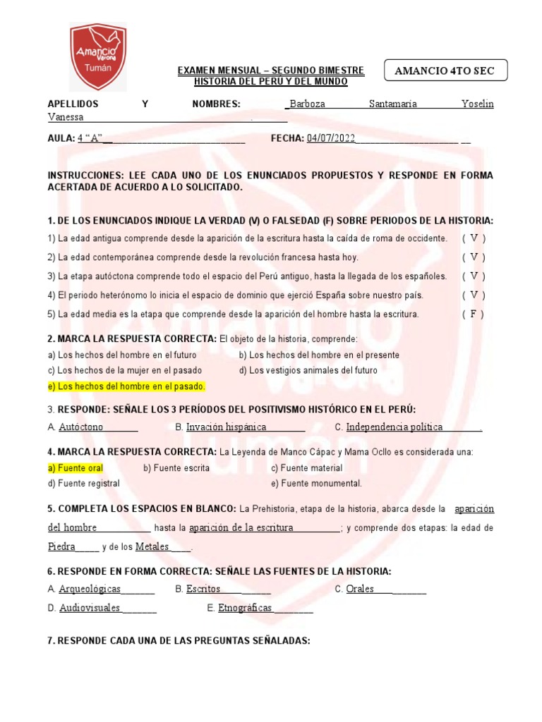 Examen Mensual - Hist 4to Sec | PDF