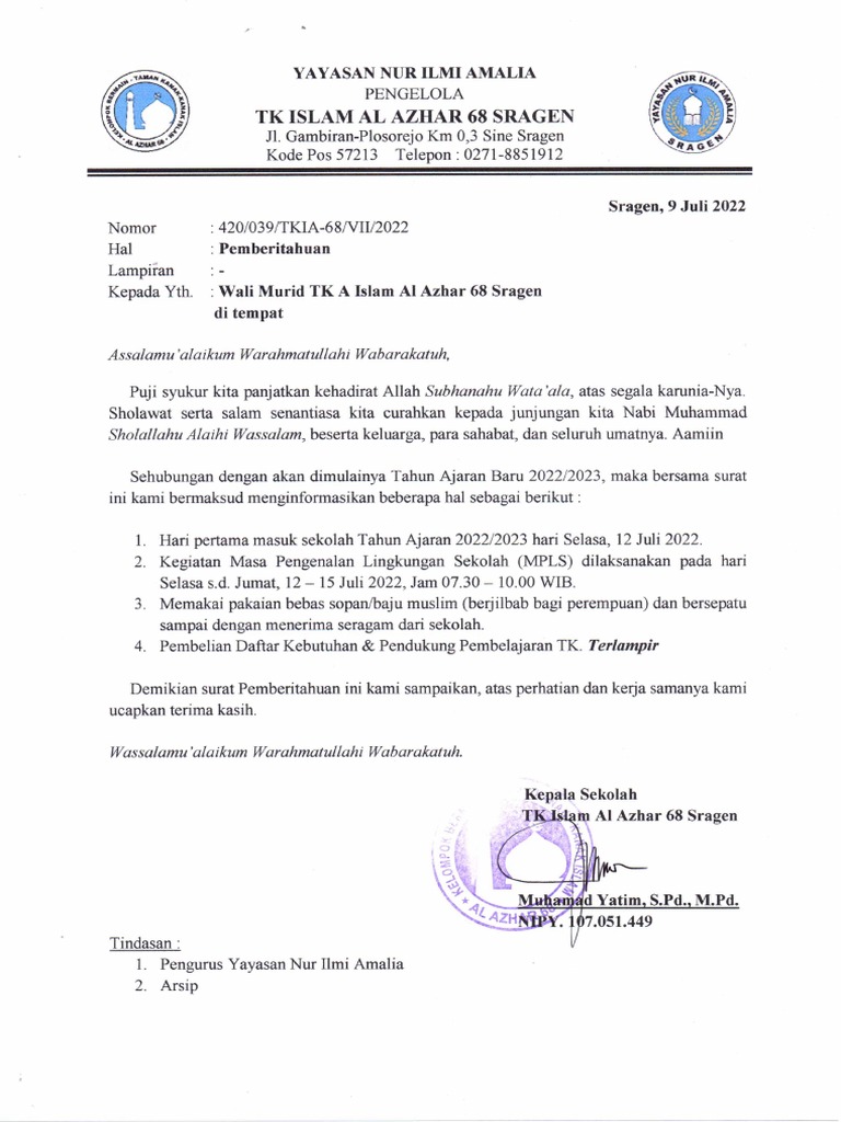 Surat Pemberitahuan MPLS TK | PDF