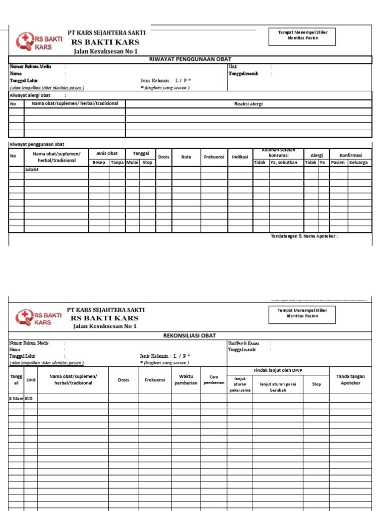 Form Riwayat Penggunaan Obat (Pkpo 4 Ep 1) - Kop | PDF