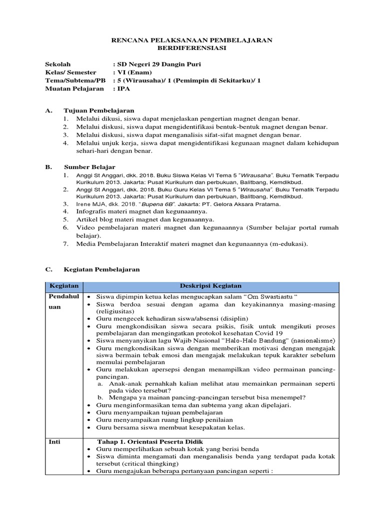 RPP Diferensiasi Model PBL Materi Magnet | PDF