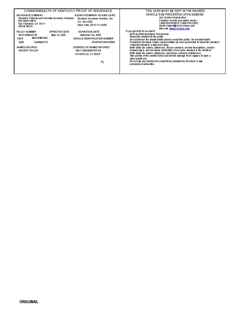 Commonwealth of Kentucky Proof of Insurance: Insurance Company Agency ...