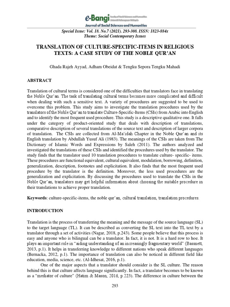 Translation of Culture-Specific-Items in Religious Texts: A Case Study ...