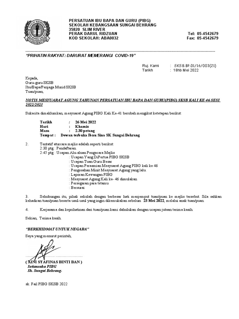 Notis Mesyuarat Agung Pibg Kali 46 | PDF