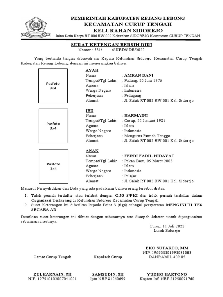 Surat Keterangan Bersih Diri Tipe 2 | PDF