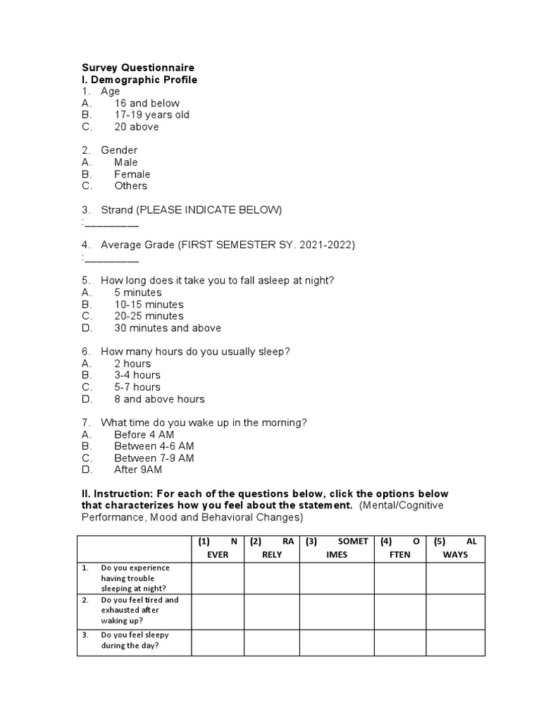 Survey Questionnaire I. Demographic Profile: (Mental/Cognitive ...