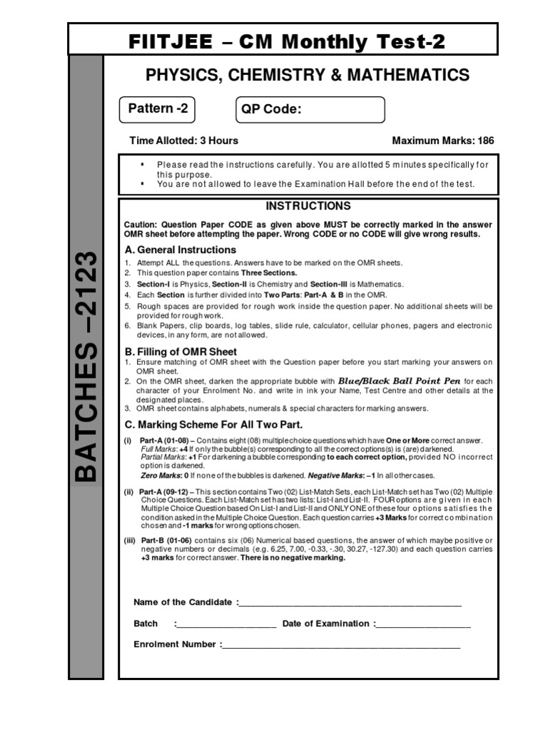 FIITJEE - CM Monthly Test-2: Physics, Chemistry & Mathematics | PDF ...
