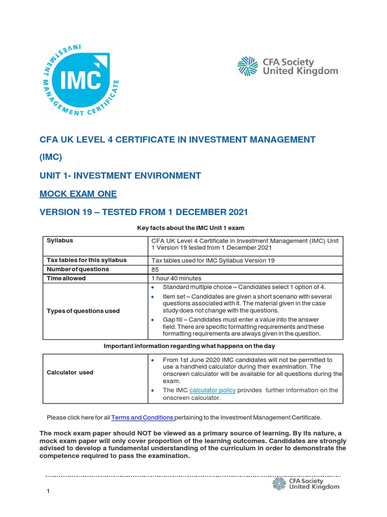 IMC Unit 1 Mock Exam 1 V19 | PDF | Capital Gains Tax | Capital Gain