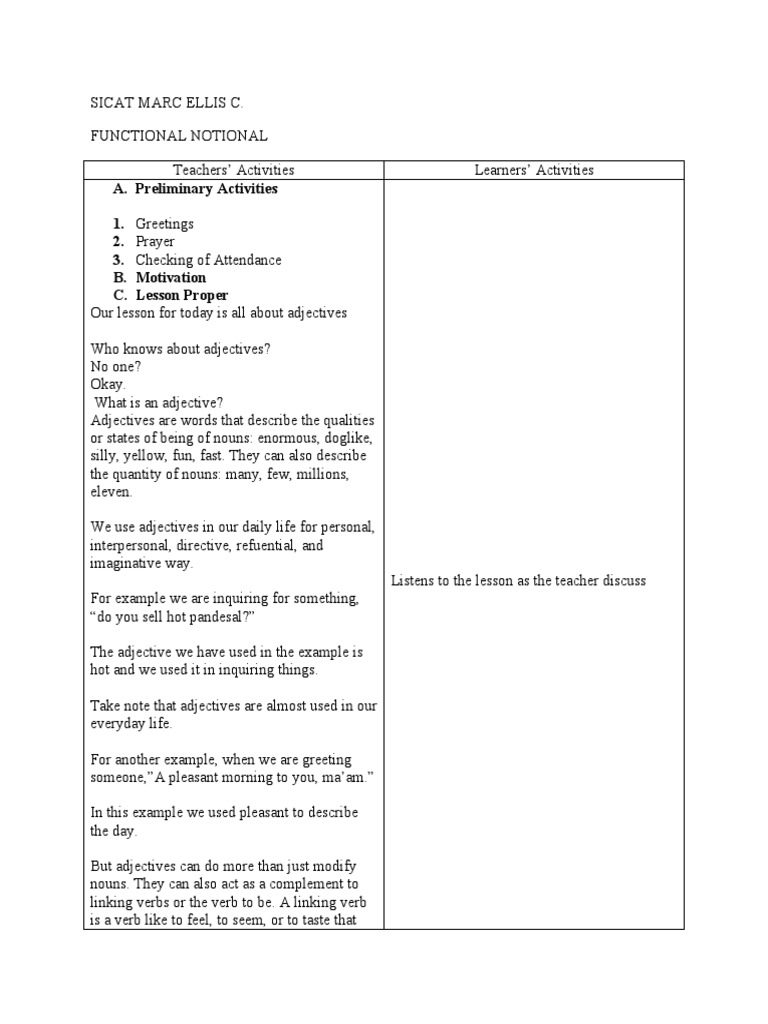 Adjective Lesson Plan for Class 1 | PDF | Adjective | Noun