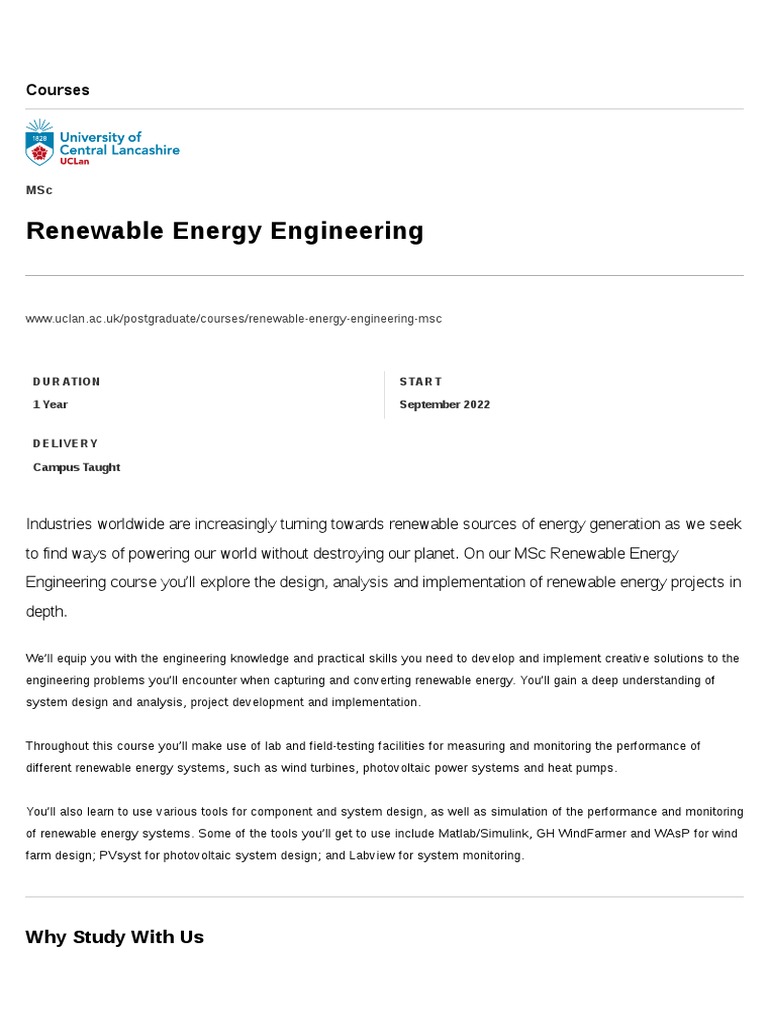 MSc Renewable Energy Engineering Course | PDF | Engineering | Renewable ...
