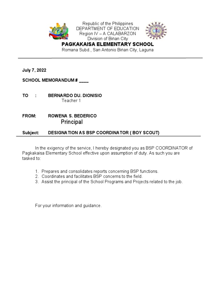 Coordinator Designation BSP | PDF | Philippines