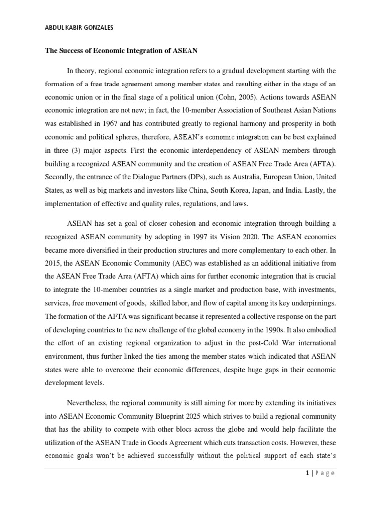 ASEAN Economic Integration Success Factors | PDF | Asean Free Trade ...