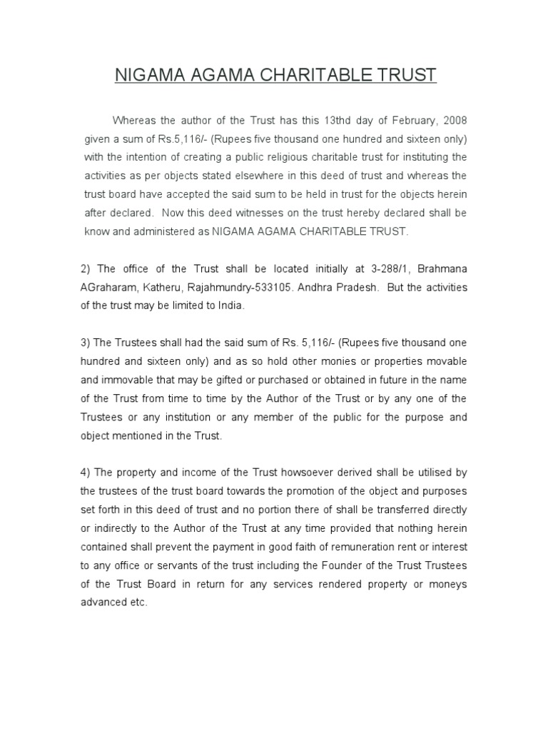 NIGAMA AGAMA CHARITABLE TRUST Objectives | PDF | Trust Law | Trustee