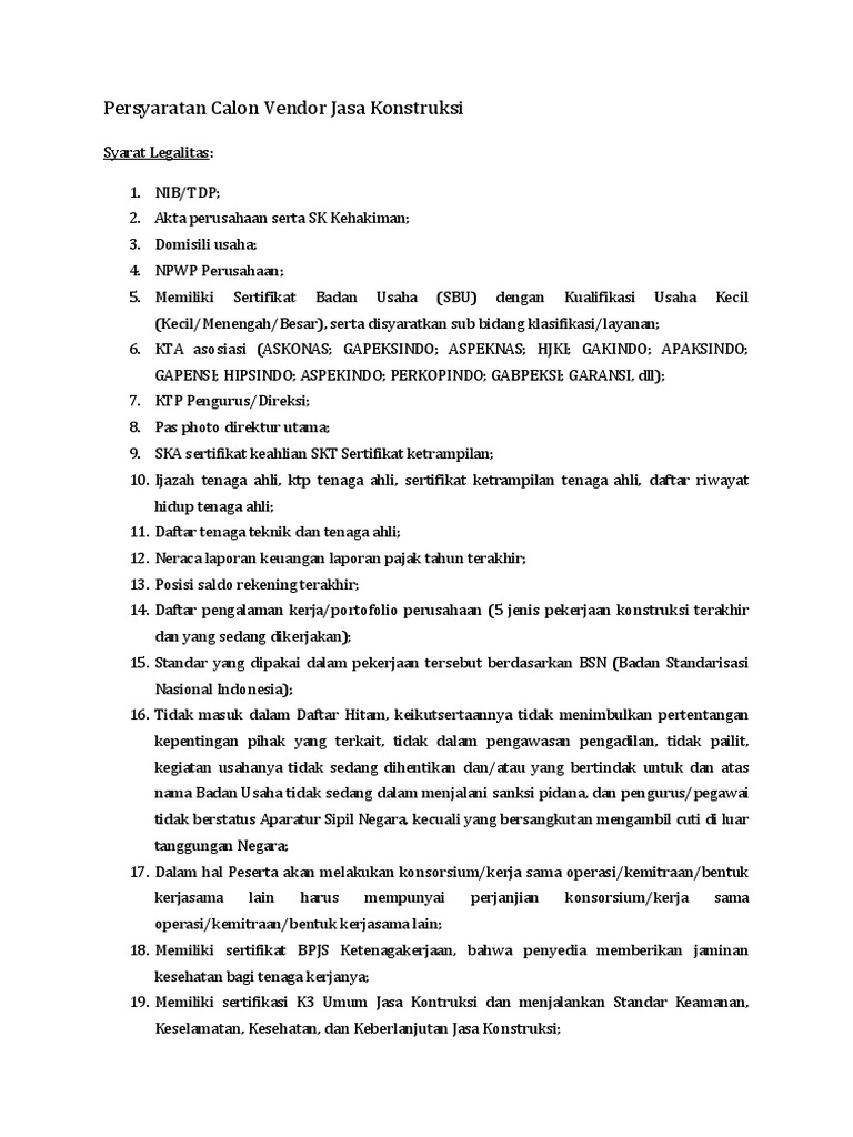 Persyaratan Calon Vendor Konstruksi | PDF