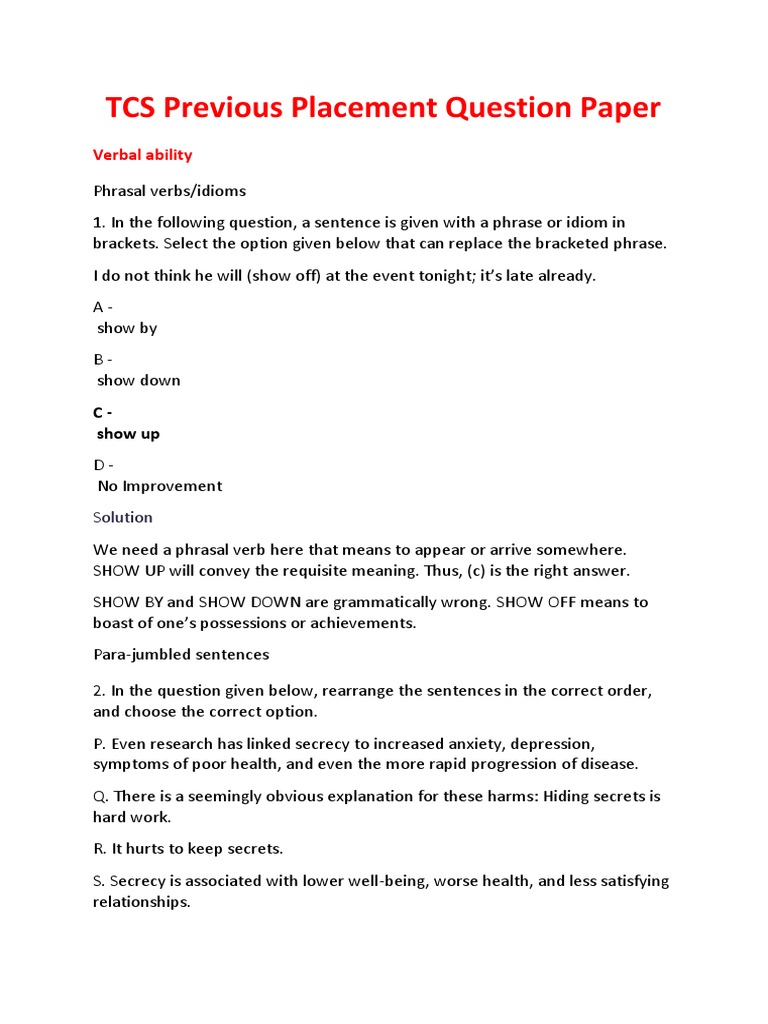 TCS Previous Placement Question Paper | PDF | Adjective | Phrase