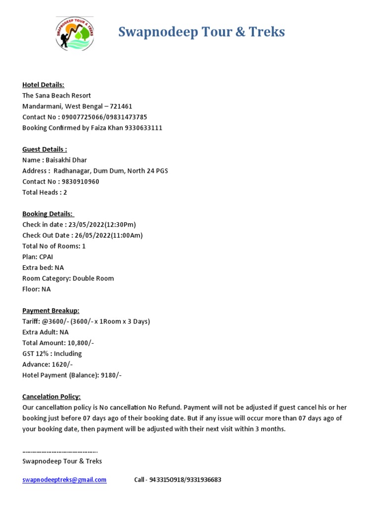 Swapnodeep Tour & Treks: Hotel Details | PDF