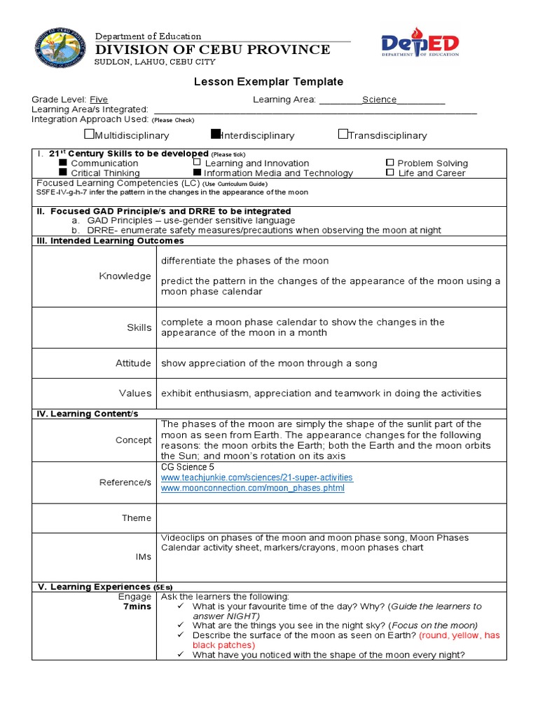 Division of Cebu Province: Lesson Exemplar Template | PDF | Moon ...