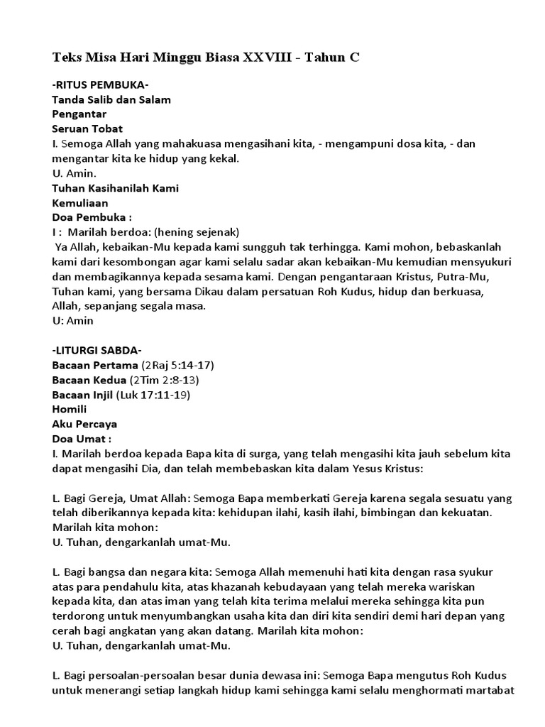 Teks Misa Hari Minggu Biasa XXVIII | PDF