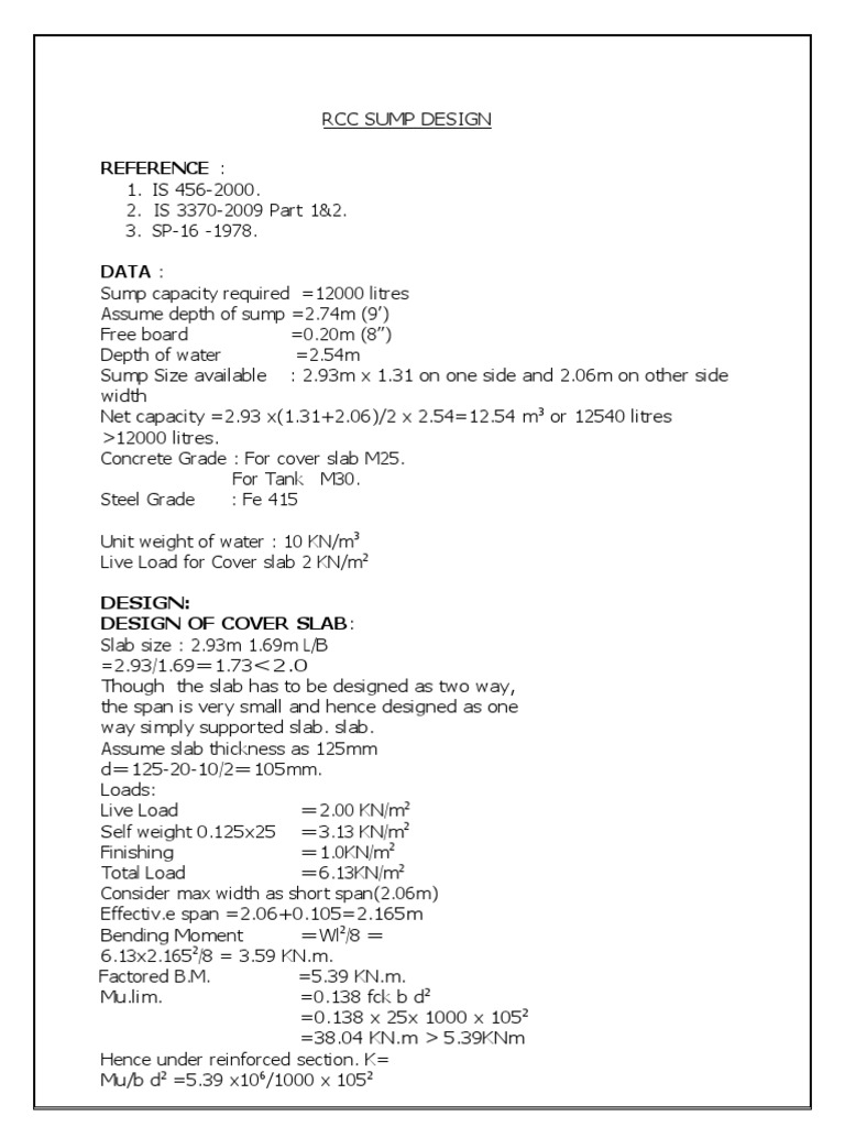 Rcc-Sump Size Calculation | PDF | Materials | Structural Engineering