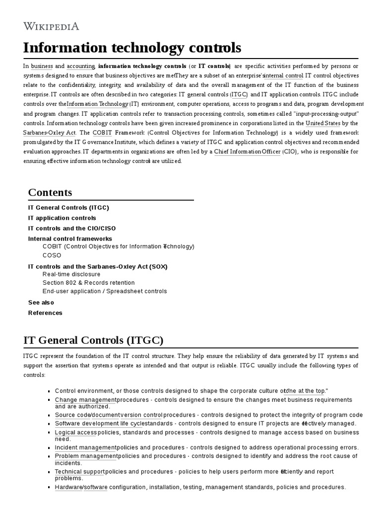 Information Technology Controls | PDF | Internal Control | Sarbanes ...