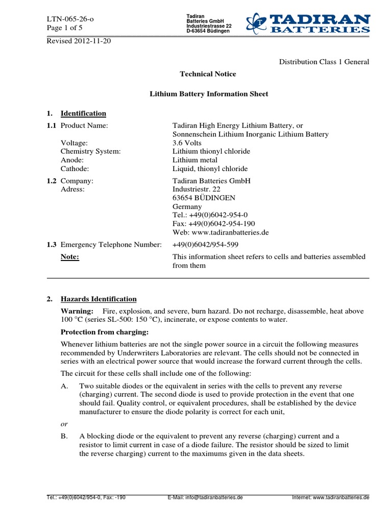 2 - Lithium Battery Information Sheet LTN-060-26-o | PDF | Diode | Fires