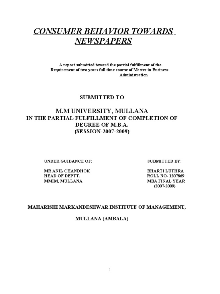 Consumer Behavior Towards Newspapers: M.M University, Mullana | PDF ...