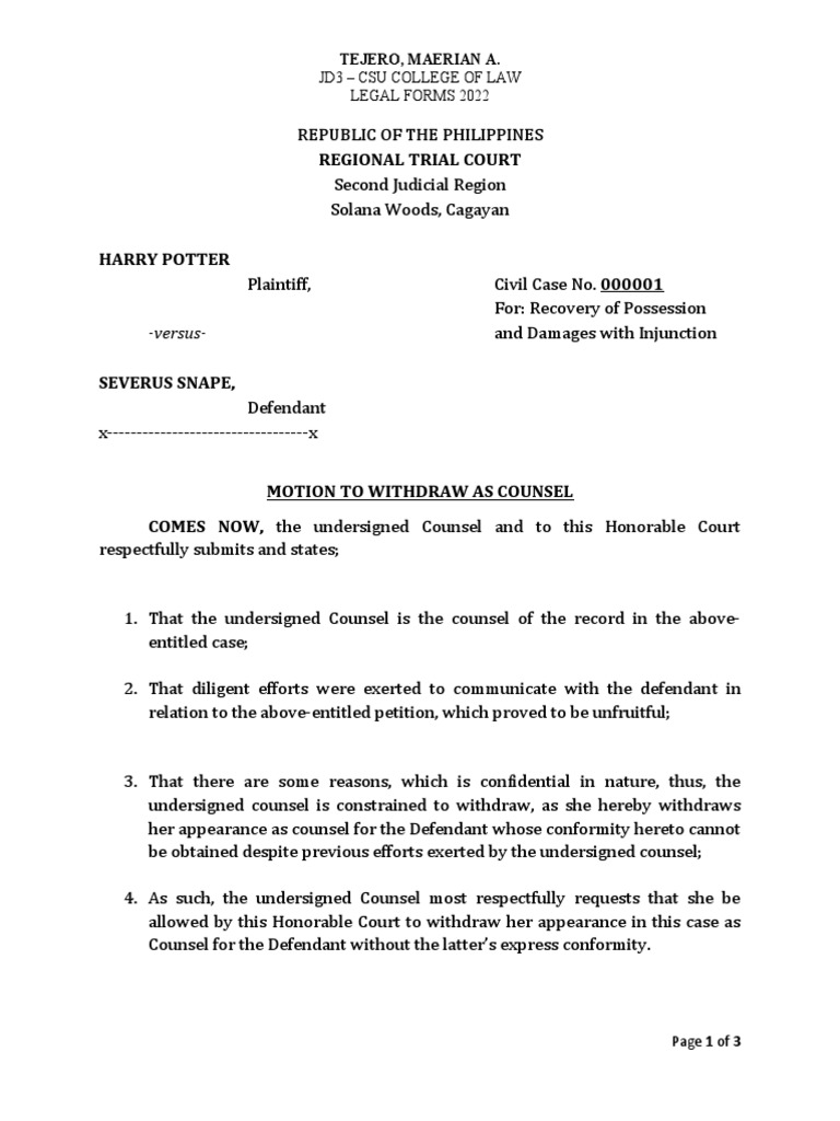 Motion to Withdraw as Counsel | PDF | Public Law | Justice