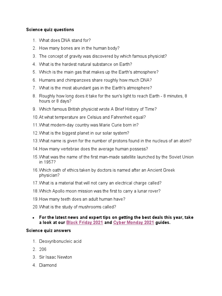 Science Quiz Questions | PDF