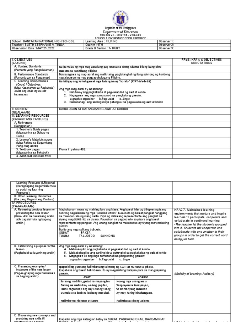 Lesson Plan Awit at Korido | PDF