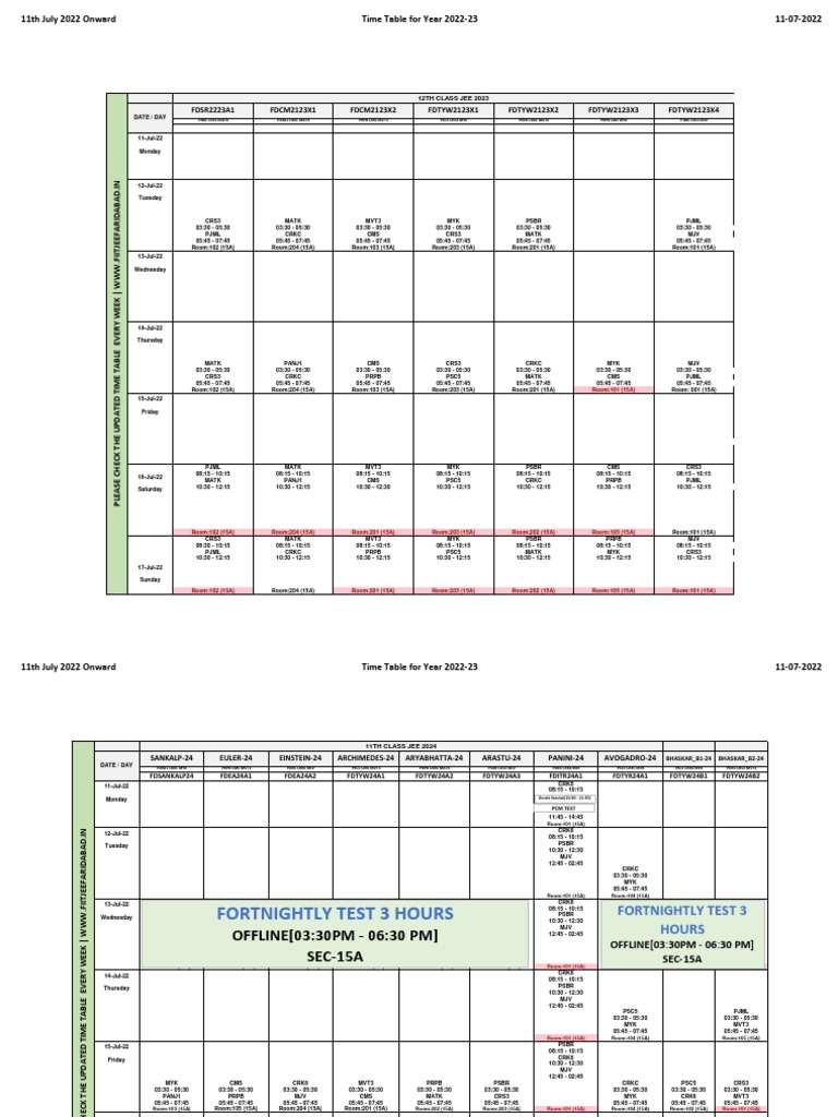 11th July Onward Time Table 2022-23 Updated | PDF