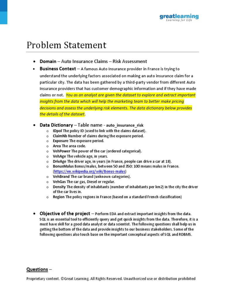 Problem Statement-Auto Insurance Project-1 | PDF | Vehicle Insurance ...
