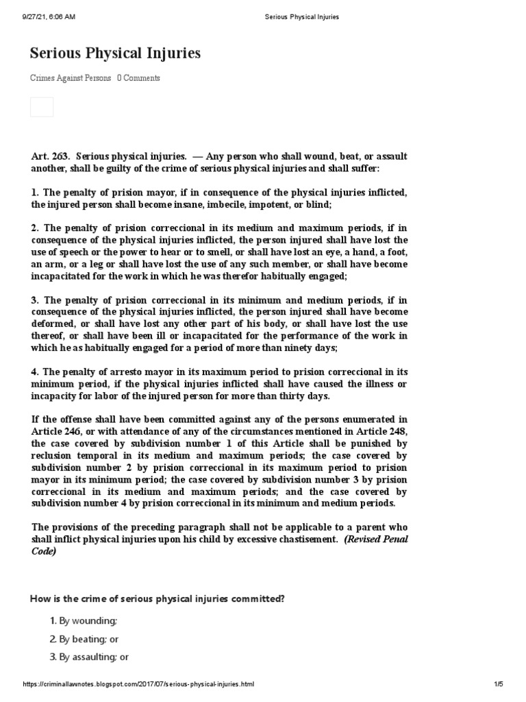 Serious Physical Injuries | PDF | Assault | Tooth