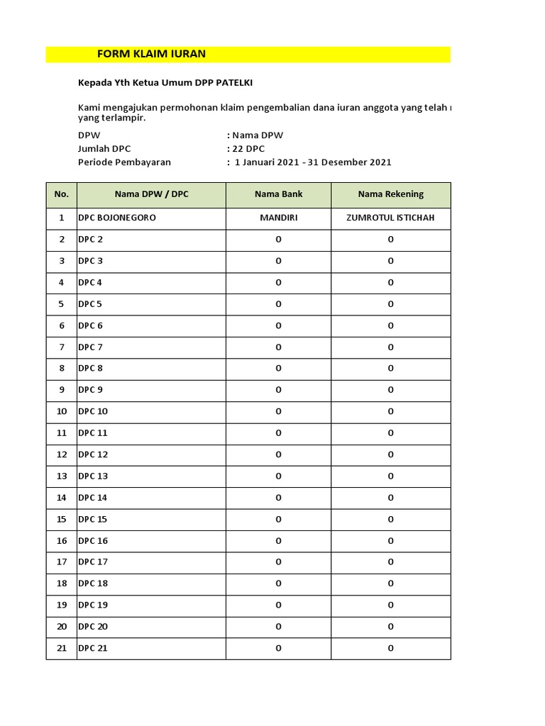 PATELKI BOJONEGORO Form Pengembalian Klaim Iuran 2021 - Master 2 | PDF