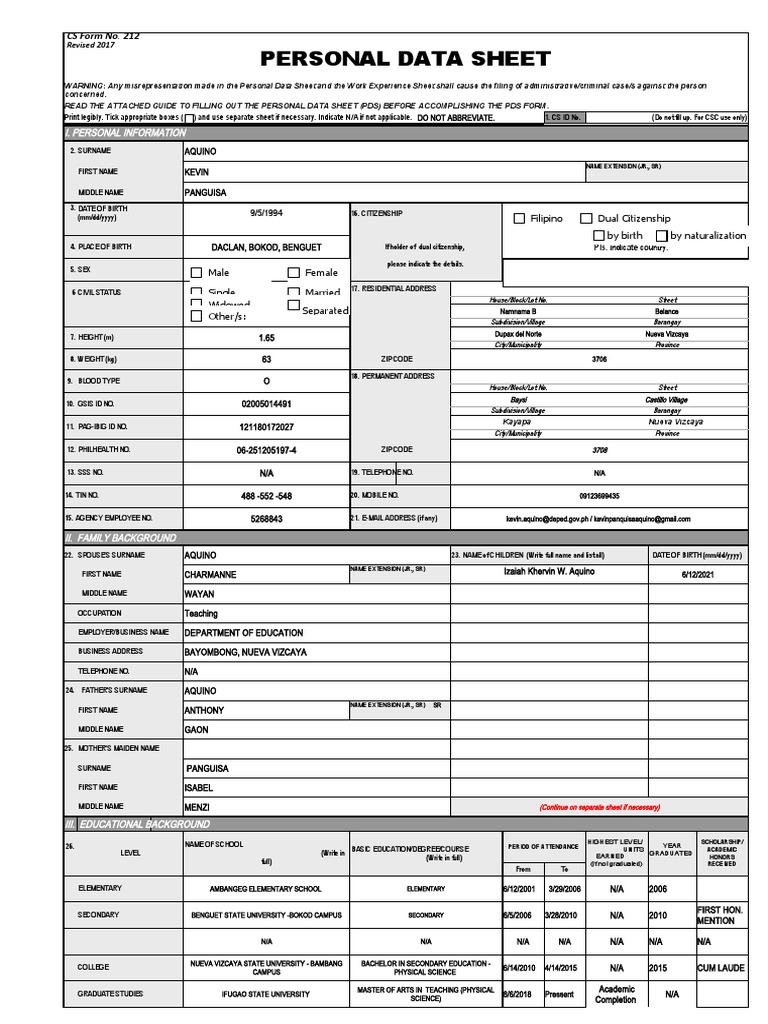 Excel-File-CSC-Personal-Data-Sheet-PDS-2017 (4)(AutoRecovered) | PDF ...
