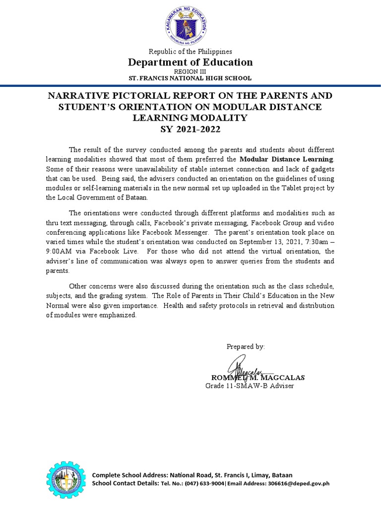 Narrative Pictorial Report On The Parents and Student's Orientation ...