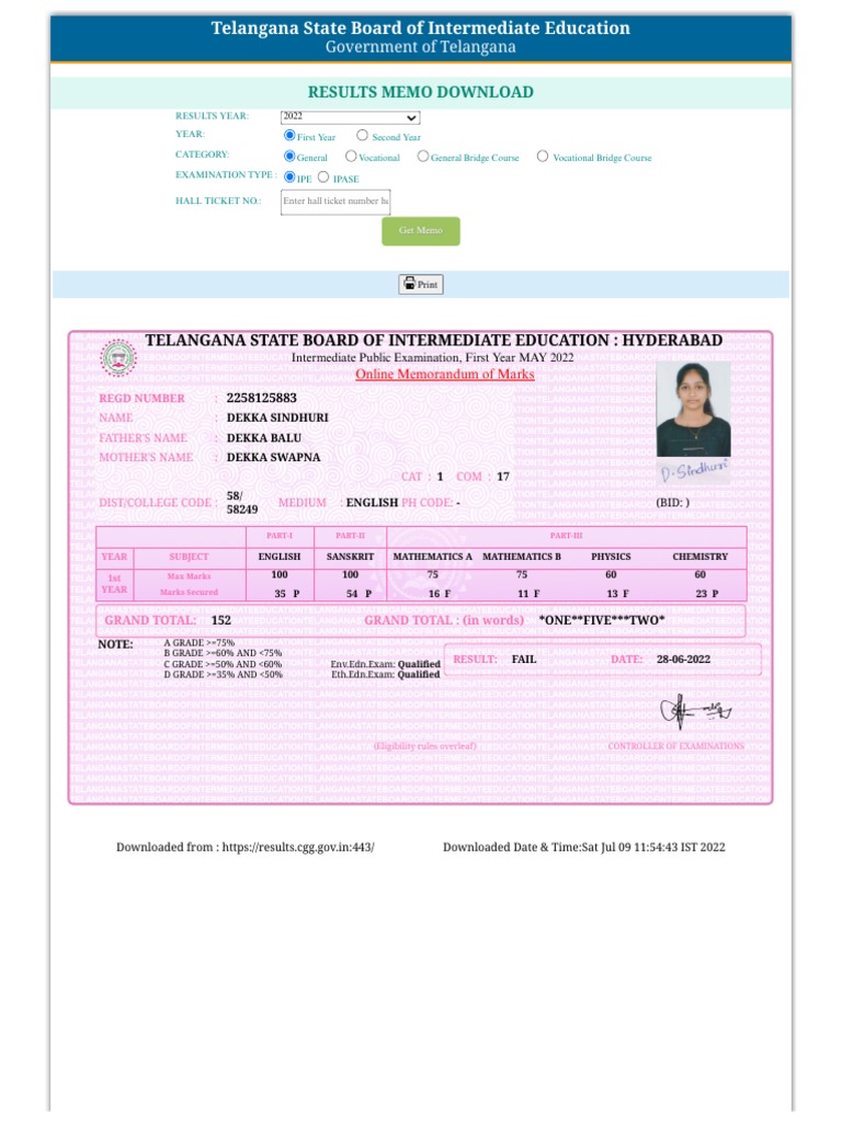Telangana State Board of Intermediate Education: Hyderabad: Results Memo Download | PDF ...