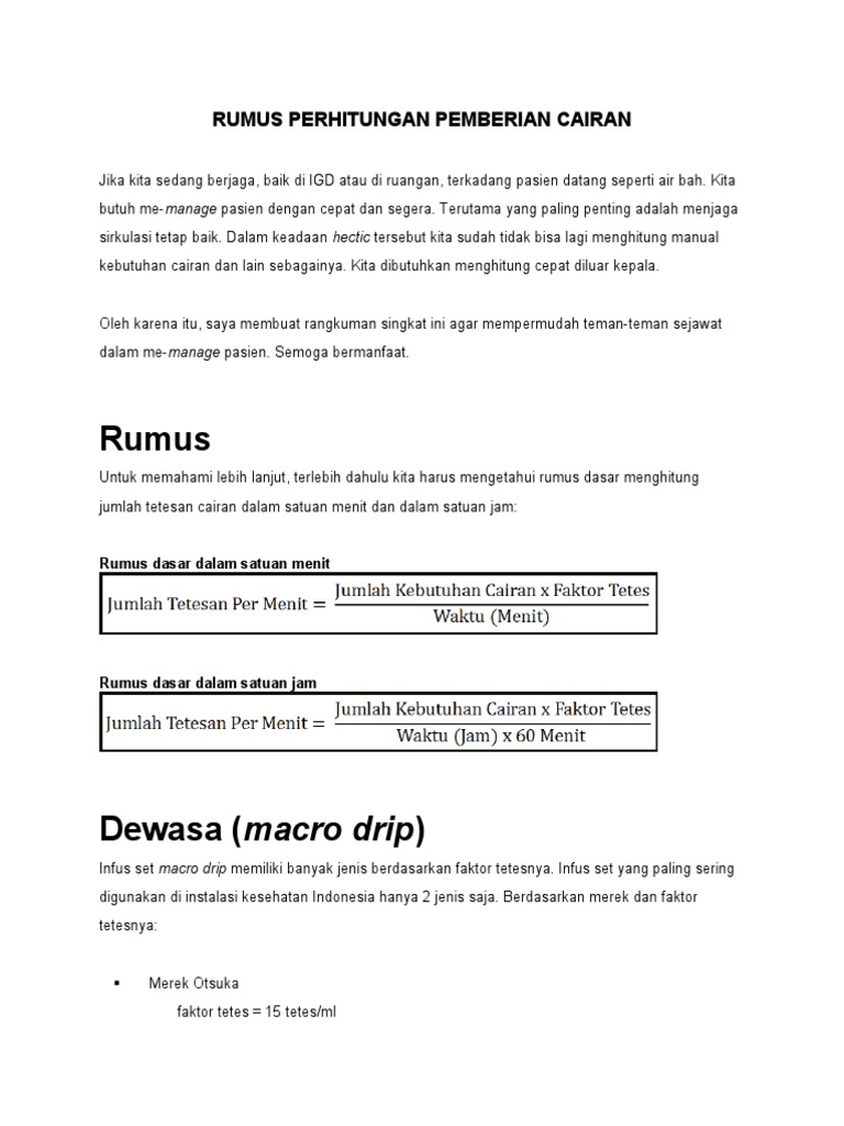 Rumus Perhitungan Pemberian Cairan | PDF